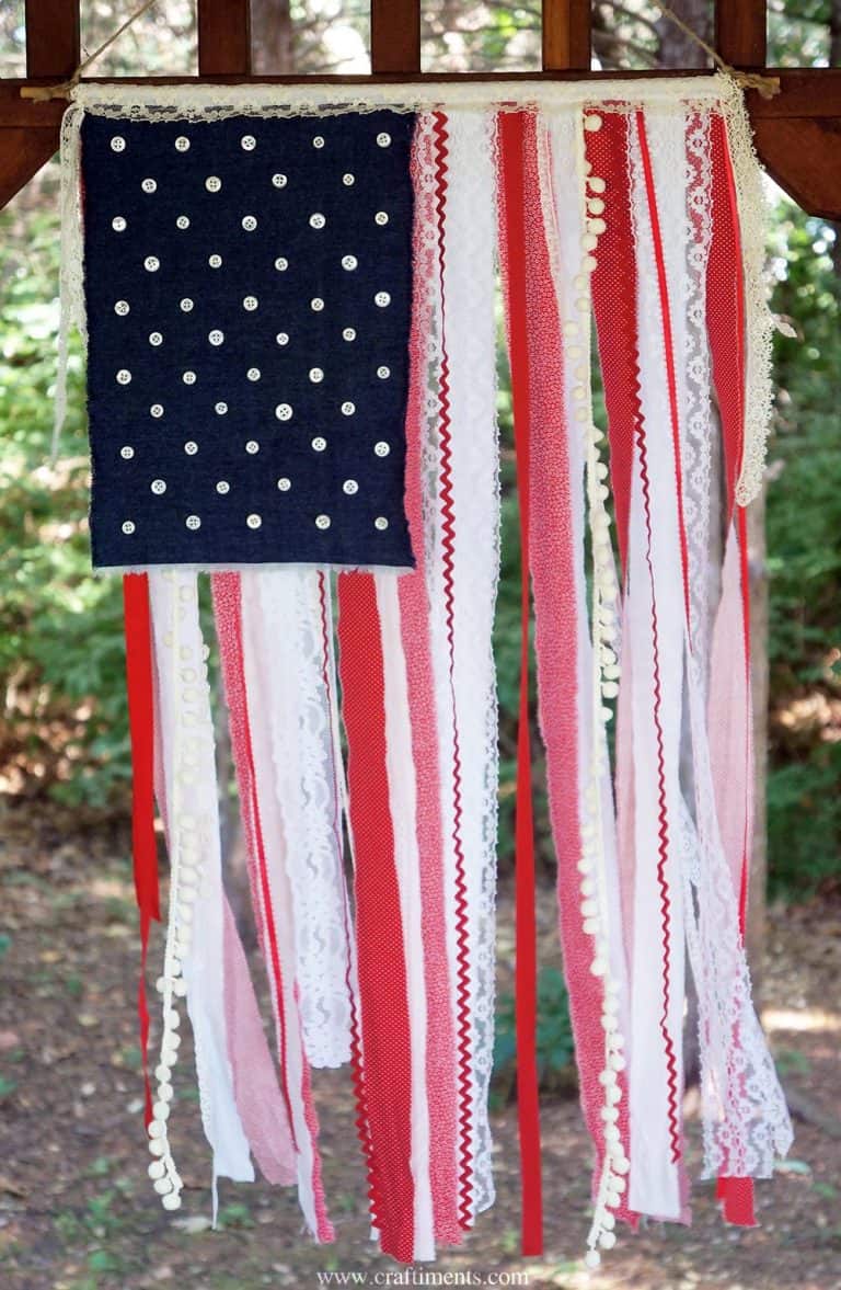 Patriotic Ribbon, Lace & Fabric Scrap Flag